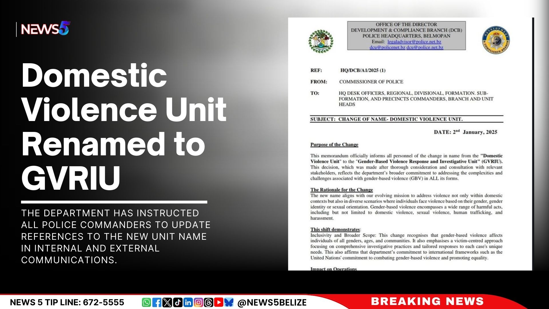 Domestic Violence Unit Renamed to GVRIU | Greater Belize Media