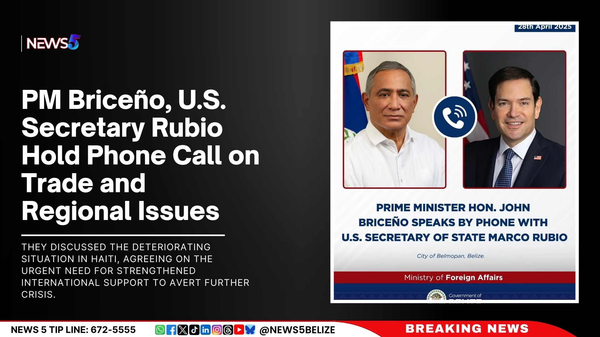 PM Briceño, U.S. Secretary Rubio Hold Phone Call on Trade and Regional ...